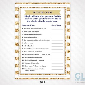 Find the Guest. Printable 5x7 White, Gold & Blue Guest Mingling Game ...