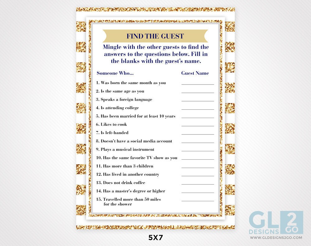 Find the Guest. Printable 5x7 White, Gold & Blue Guest Mingling Game ...