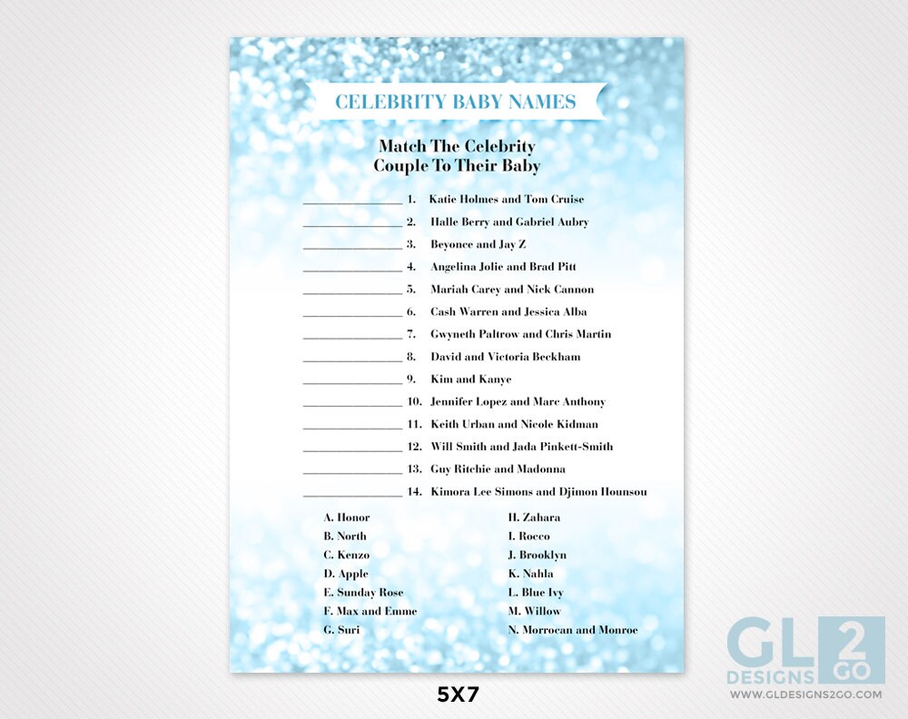 Celebrity Baby Names Boy Baby Shower Game. 5x7 Printable Blue & White ...