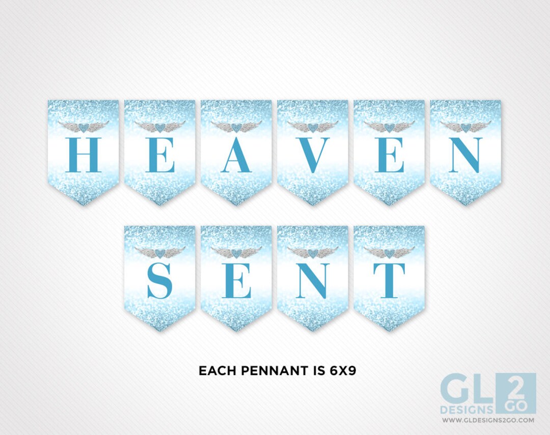 Heaven Sent Banner W/ Heart Halo & Wings. Blue, White + Silver ...