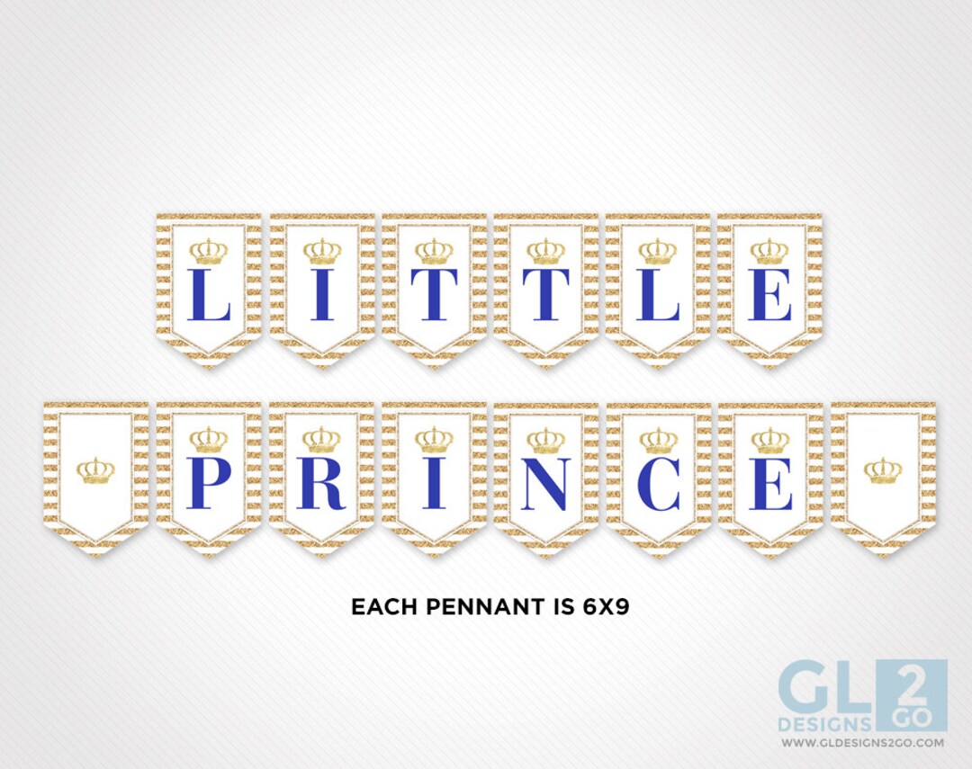 Prince Pennant Banner W/ Crown. White, Gold & Blue Boy Baby Shower ...