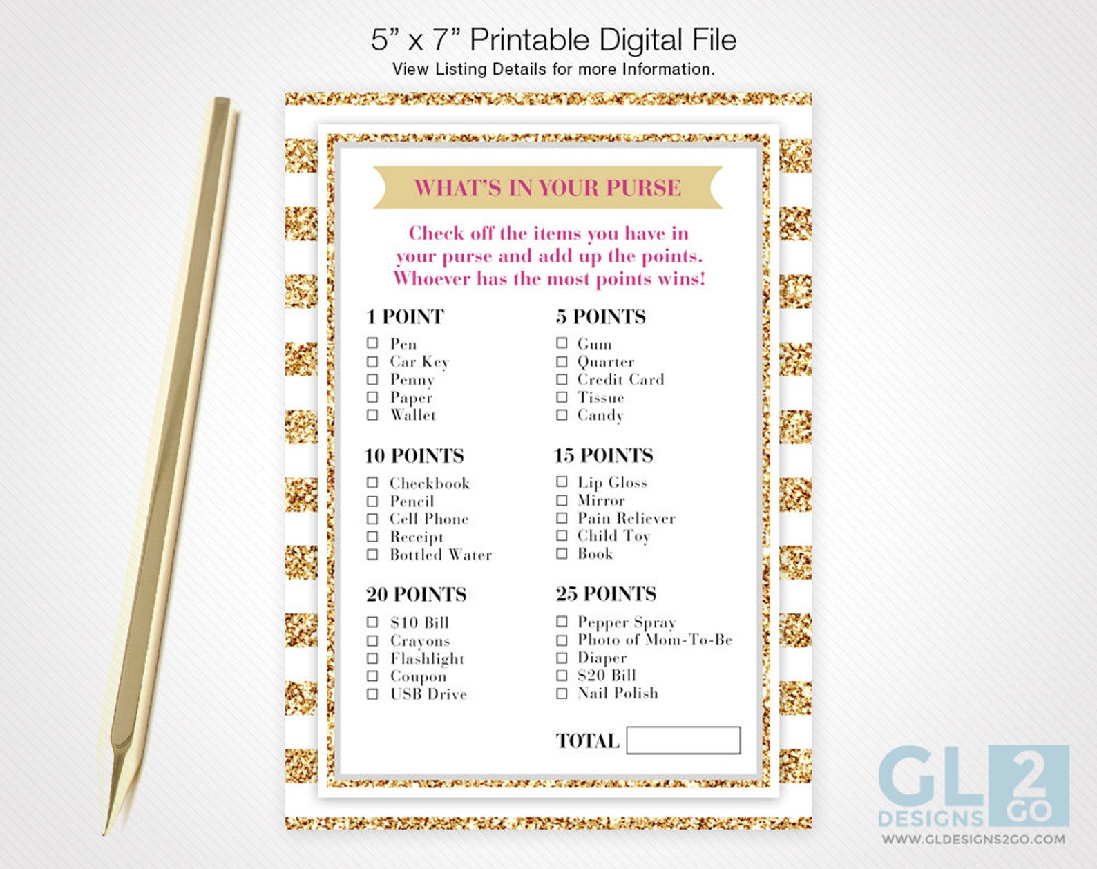 What's in Your Purse Girl Baby Shower Game. Gold White & - Etsy