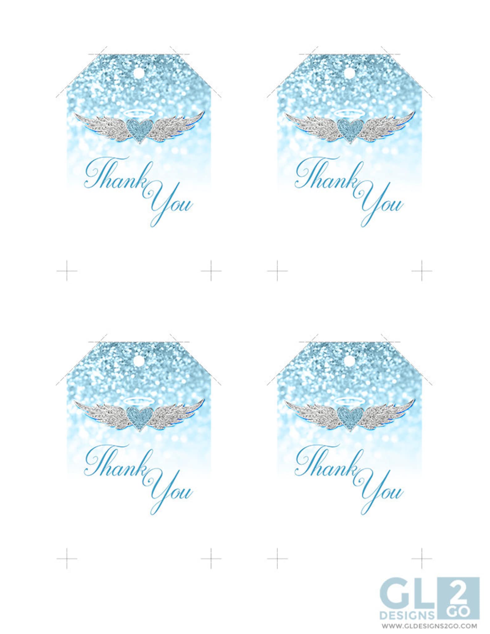 Thank You Favor Tags W/ Heart Halo & Wings. Blue, White Silver ...