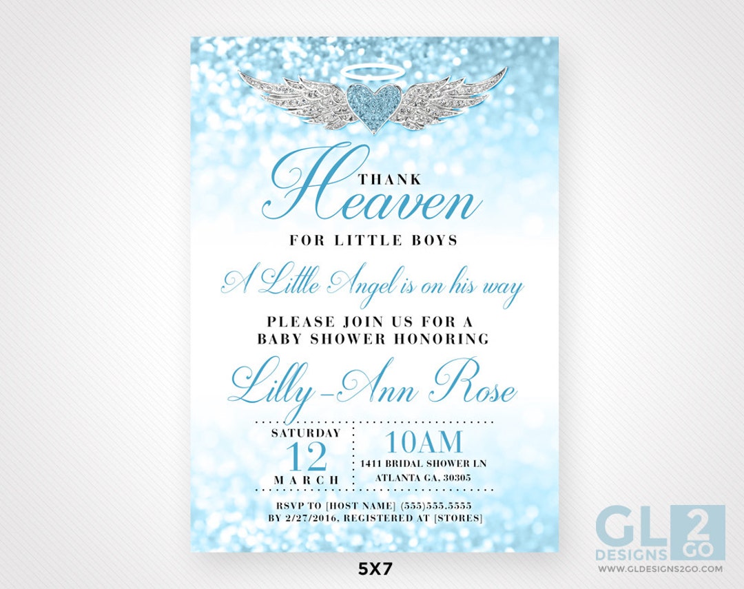 Thank Heaven for Little Boys Baby Shower Invitation. 5"x7" Blue, White ...