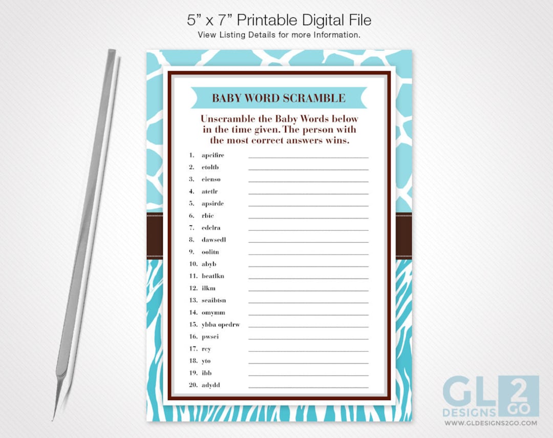 Baby Word Scramble. Printable Blue, White and Brown Animal Safari Baby ...