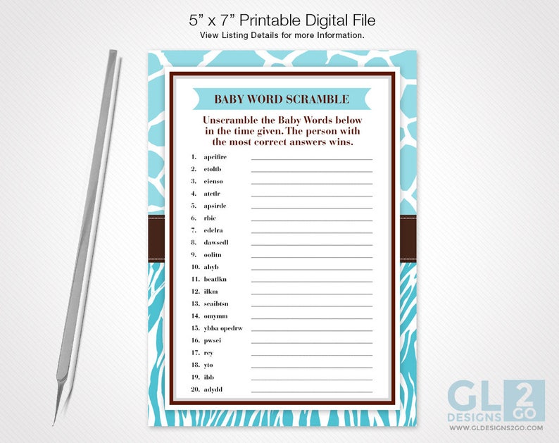 Baby Word Scramble. Printable Blue, White and Brown Animal Safari Baby ...