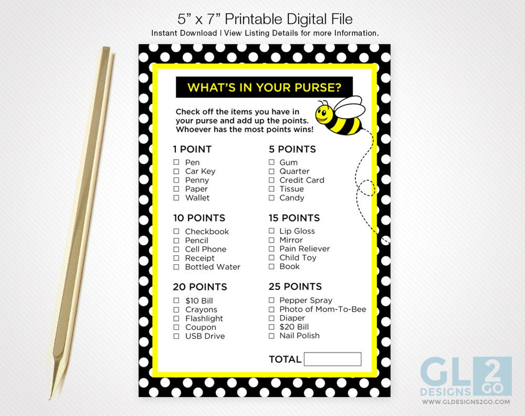 What's in Your Purse. Bee Baby Shower Game. Instant Download ...
