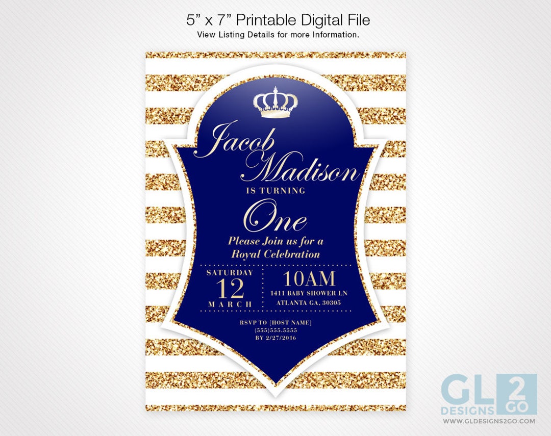 Prince Birthday Invitation. White, Gold & Royal Blue Digital Download ...
