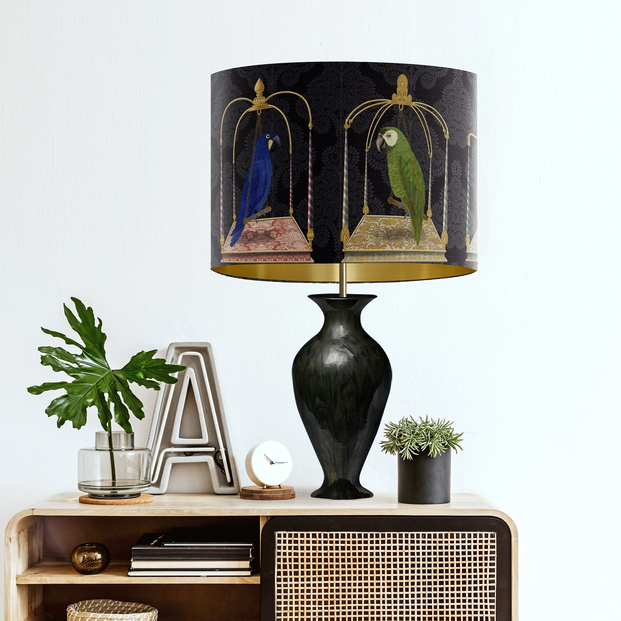 Parrot Swing Lamp Shade on Charcoal - Large Lamp Shade Gold Lining ...