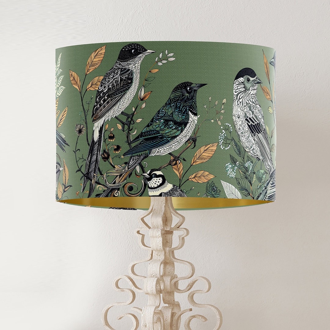 Fancy Flock Bird Lampshade, Green - Large Lamp Shade With Gold Lining ...