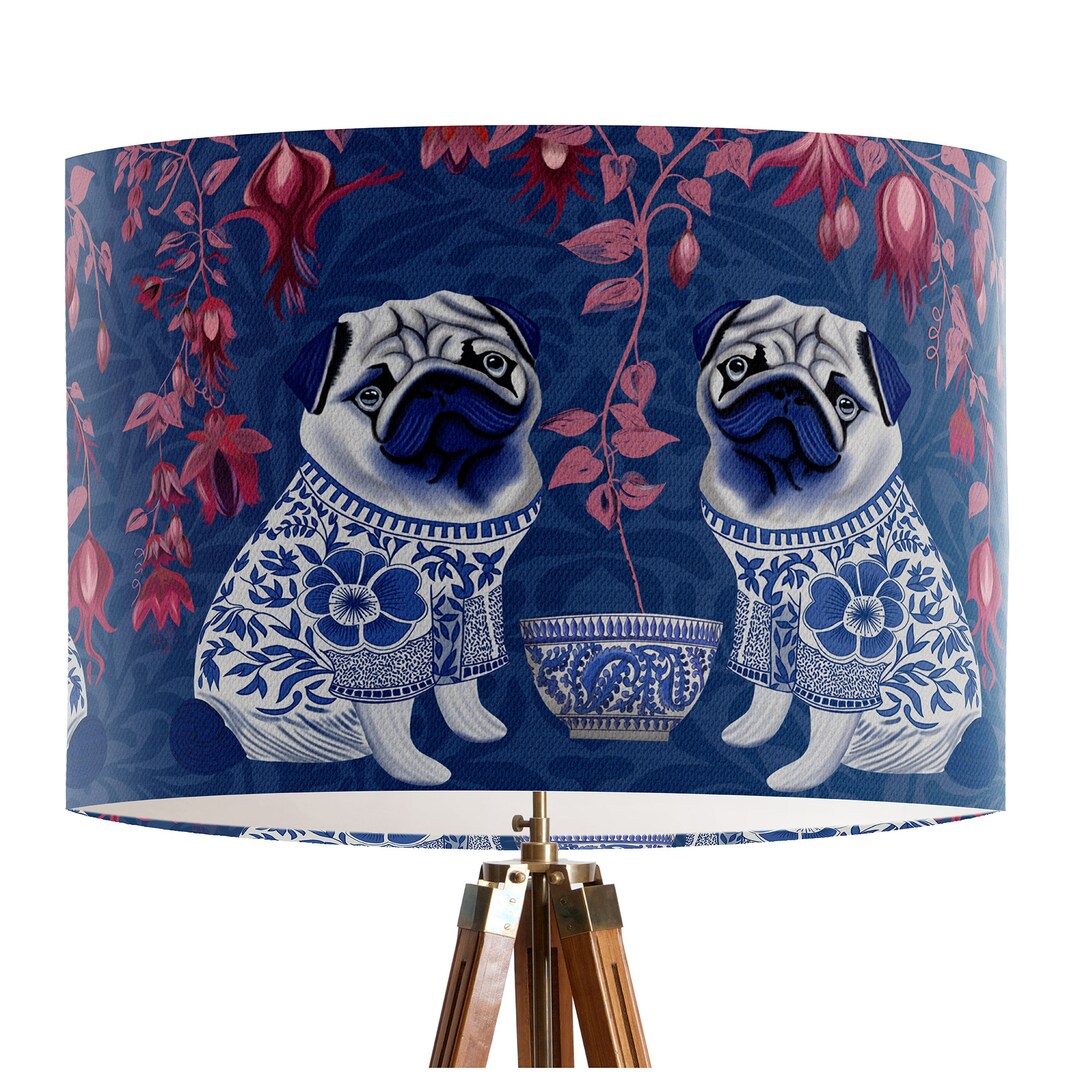 Blue Chinoiserie Lampshade With Pugs - Blue and Red Chinese Style Lamp ...
