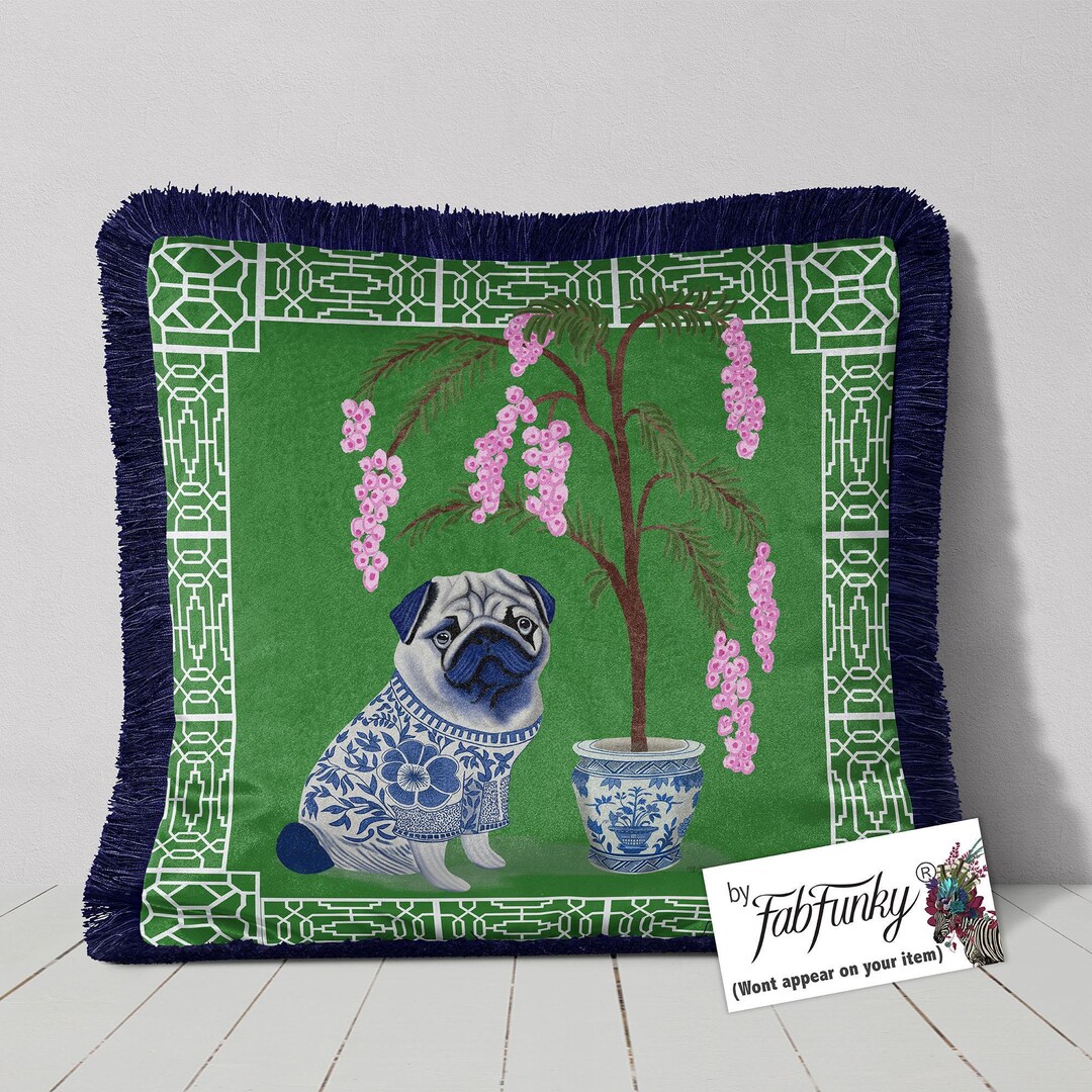 Fringed Velvet Pug Pillow Cover: Kelly Green Chinoiserie Print - Etsy