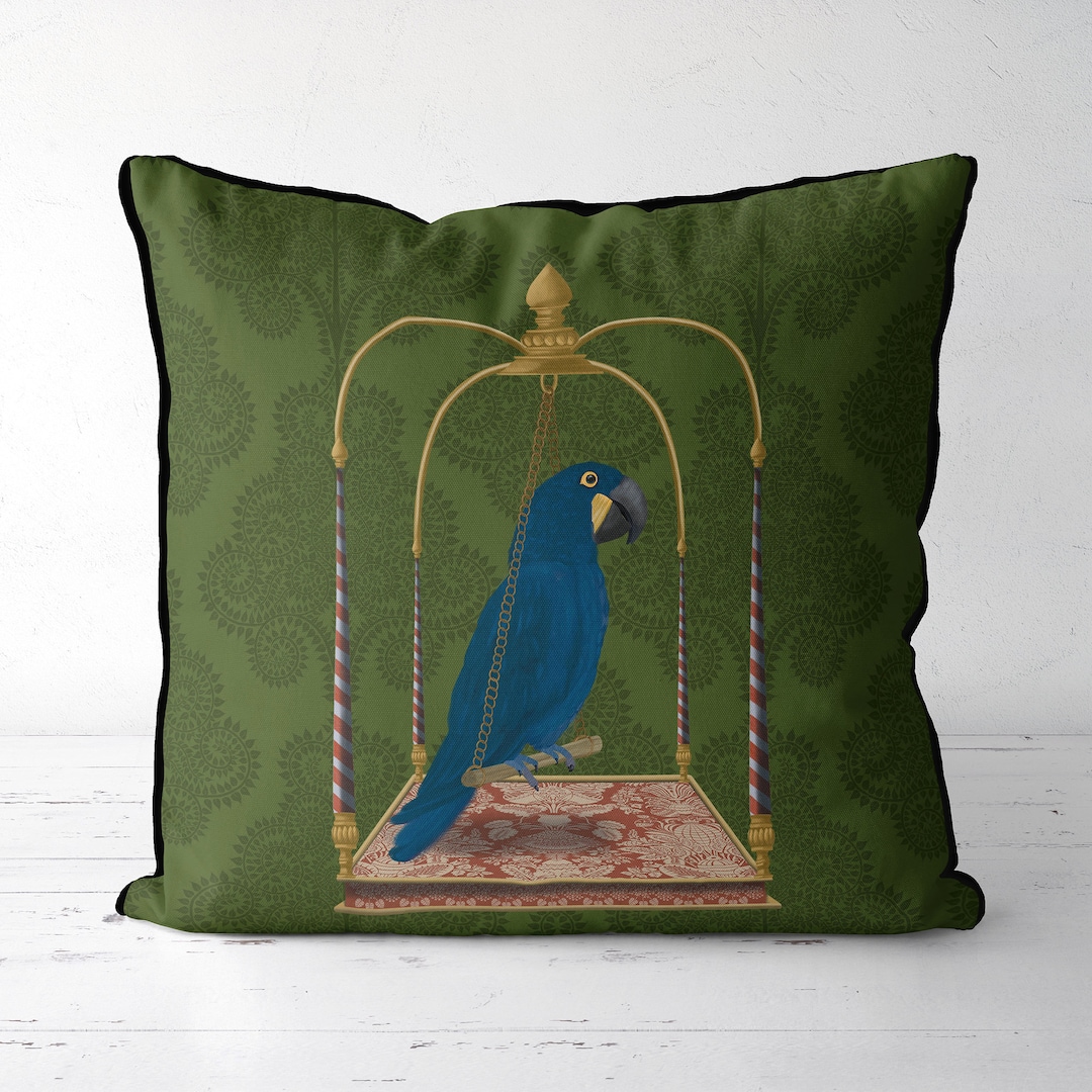 Blue Parrot in Cage on Green Pillow Cover, Parrot Cushion Cover ...