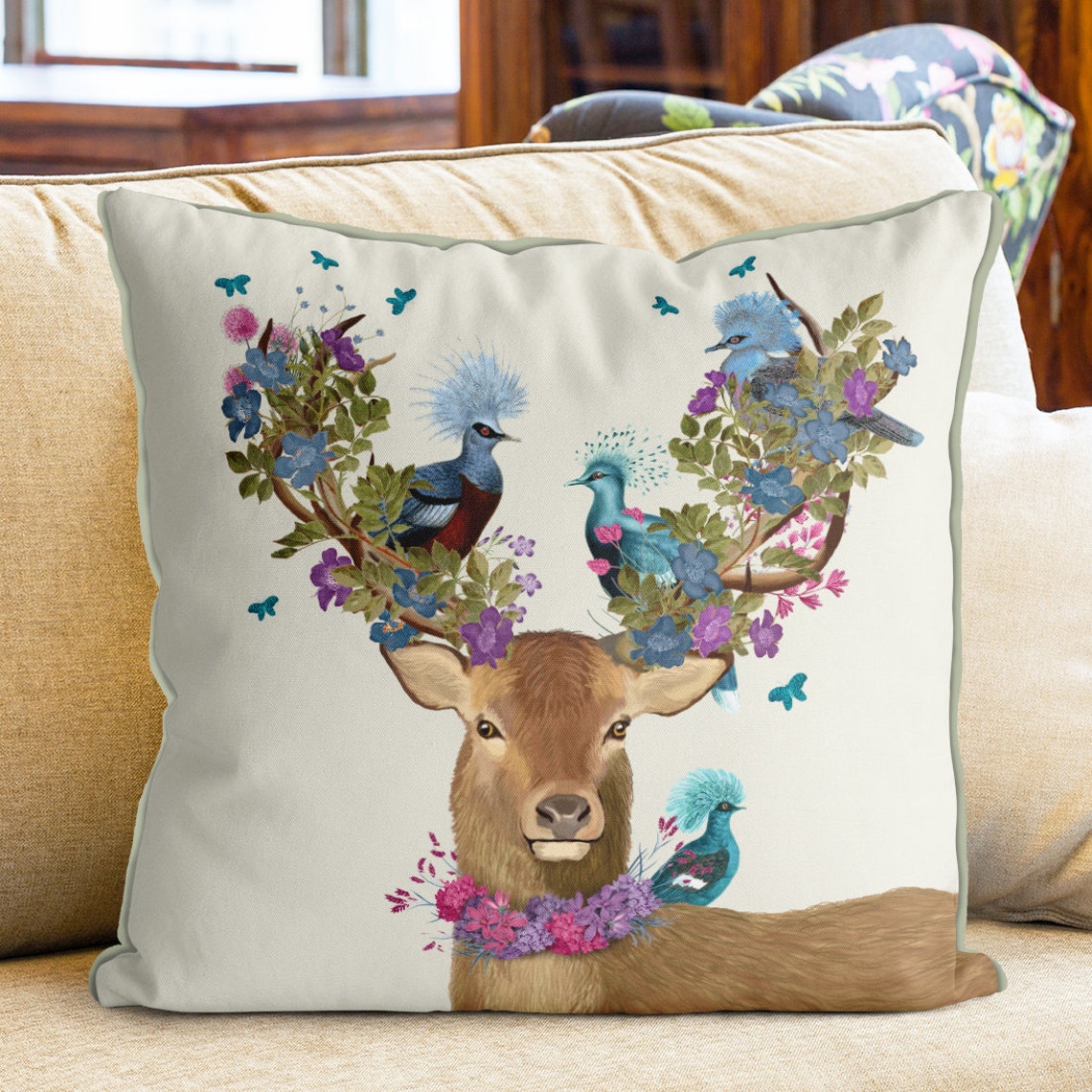 Deer Gift Deer Pillow and Blue Birds Woodland Decor Stag - Etsy