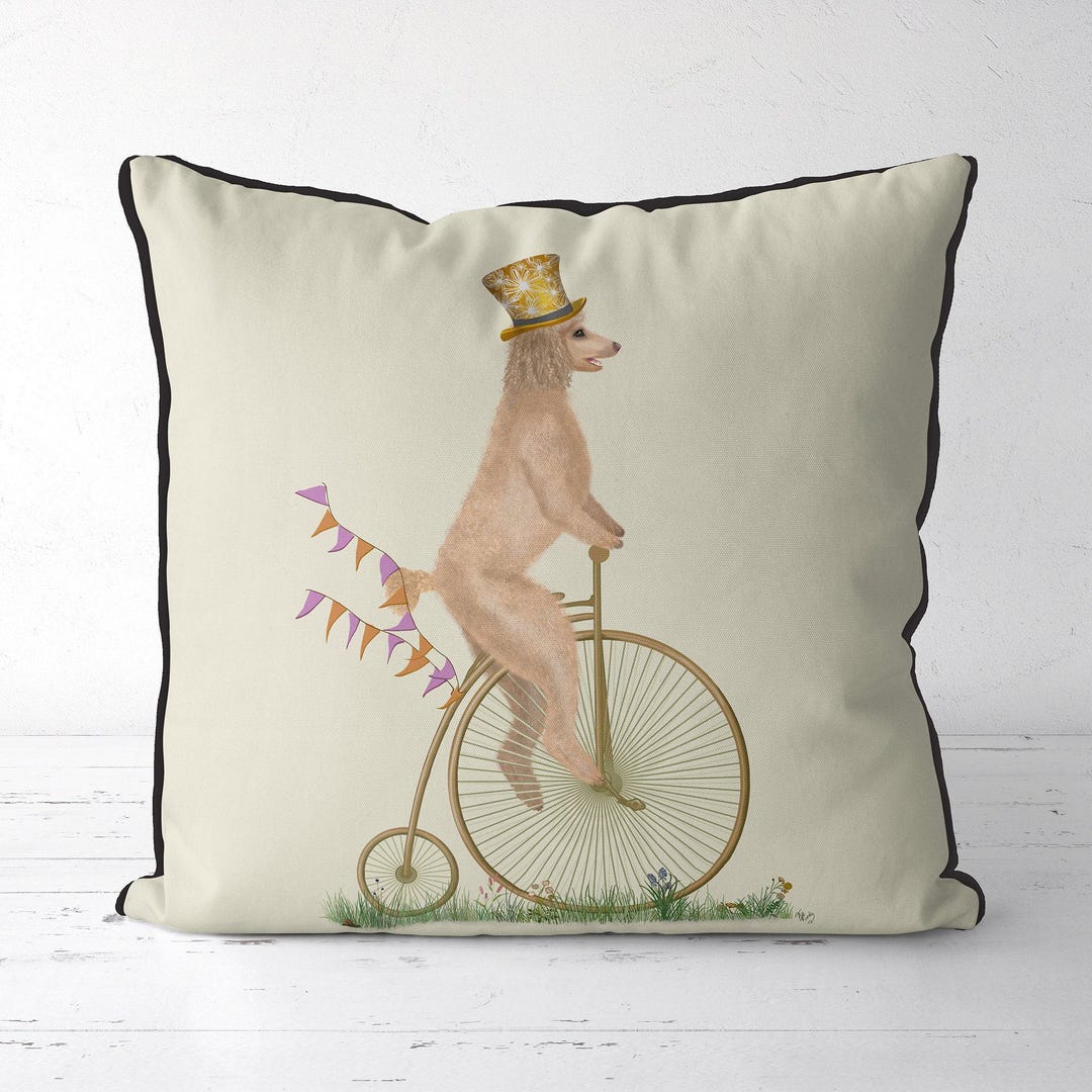 White Standard Poodle Pillow Cover, Dog Cushion Cover on Penny Farthing ...