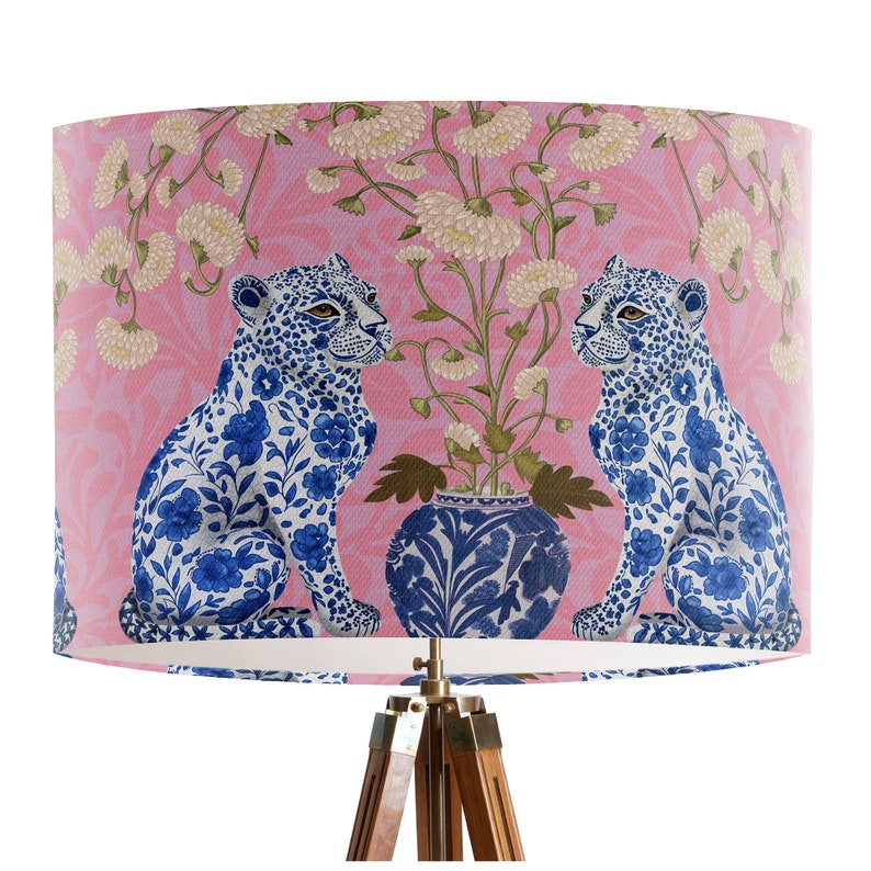 Pink and Blue Chinese Lamp Shade With Chinoiserie Leopards, Bold and ...
