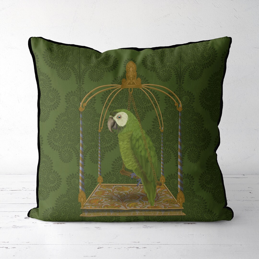 Green Parrot on Green Pillow Cover, Parrot Cushion Cover, Tropical ...