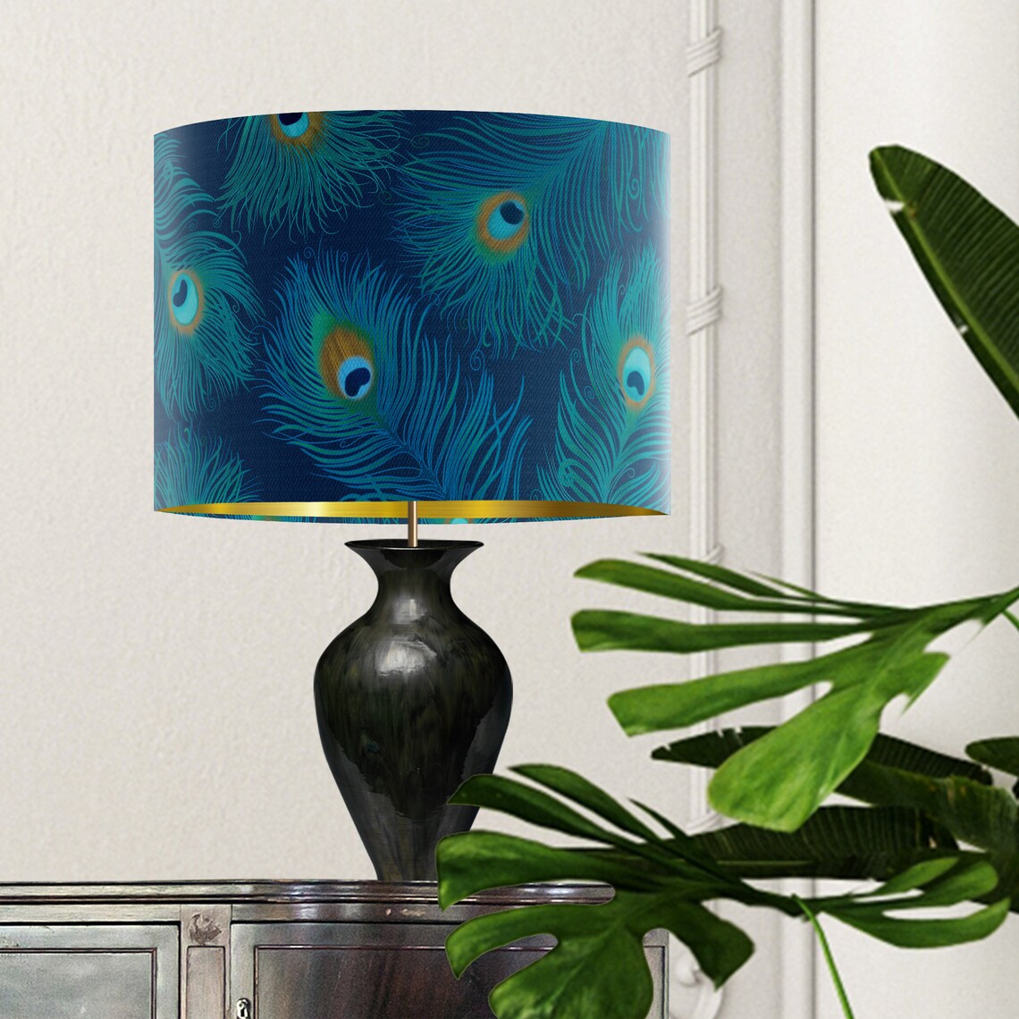 Peacock Feather Lampshade - Large Lamp Shade With Gold Lining ...