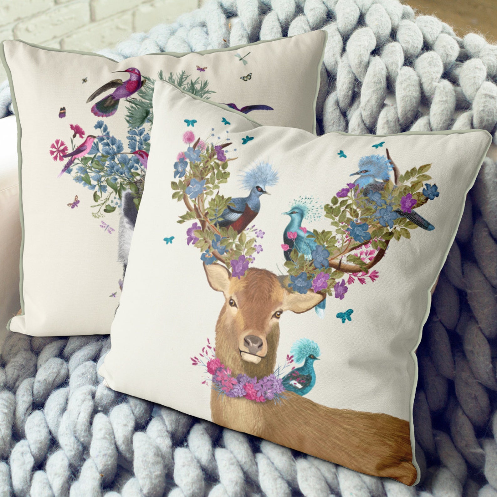 Deer Gift Deer Pillow and Blue Birds Woodland Decor Stag - Etsy