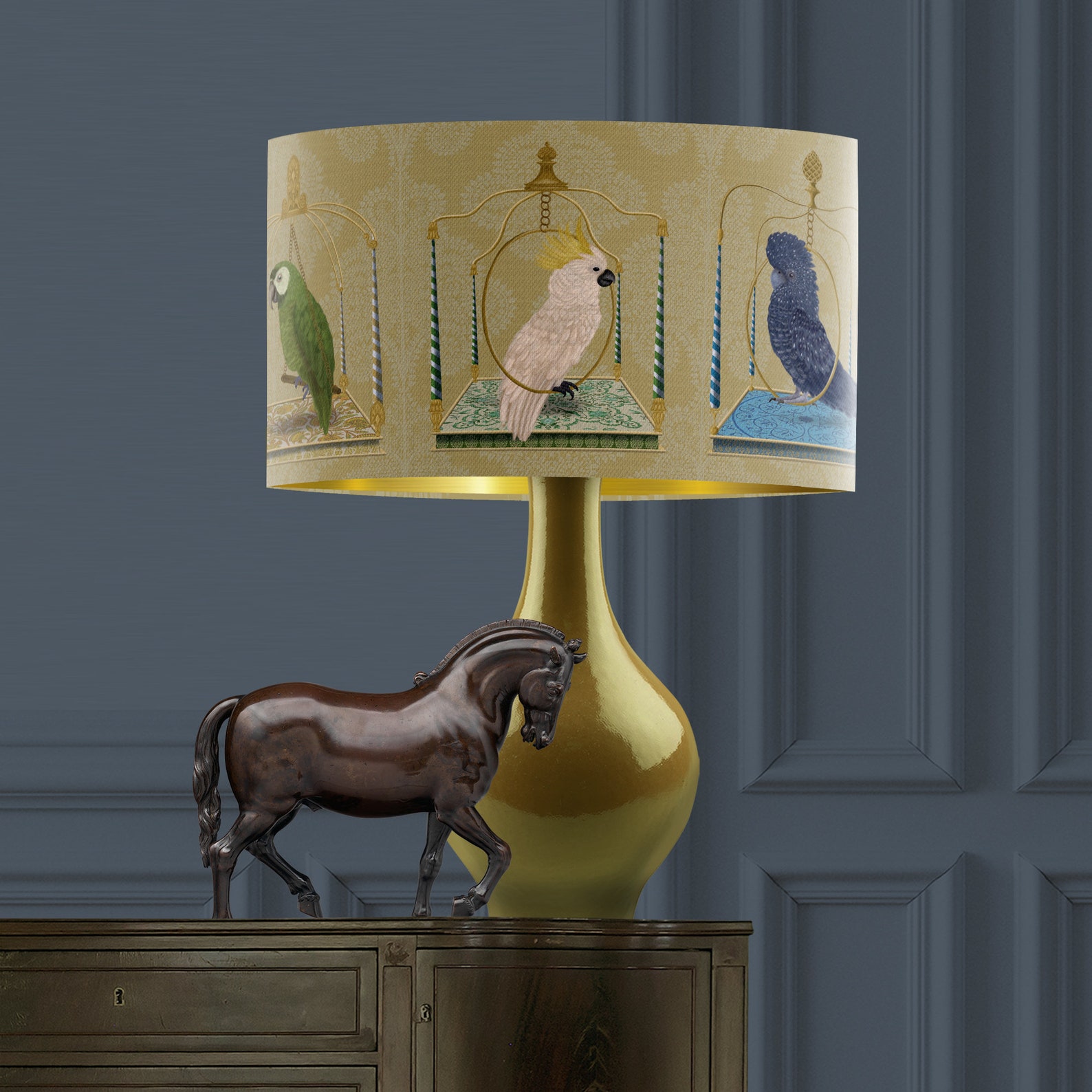 Parrot Swing Lamp Shade on Gold - Large Lamp Shade With Gold Lining ...