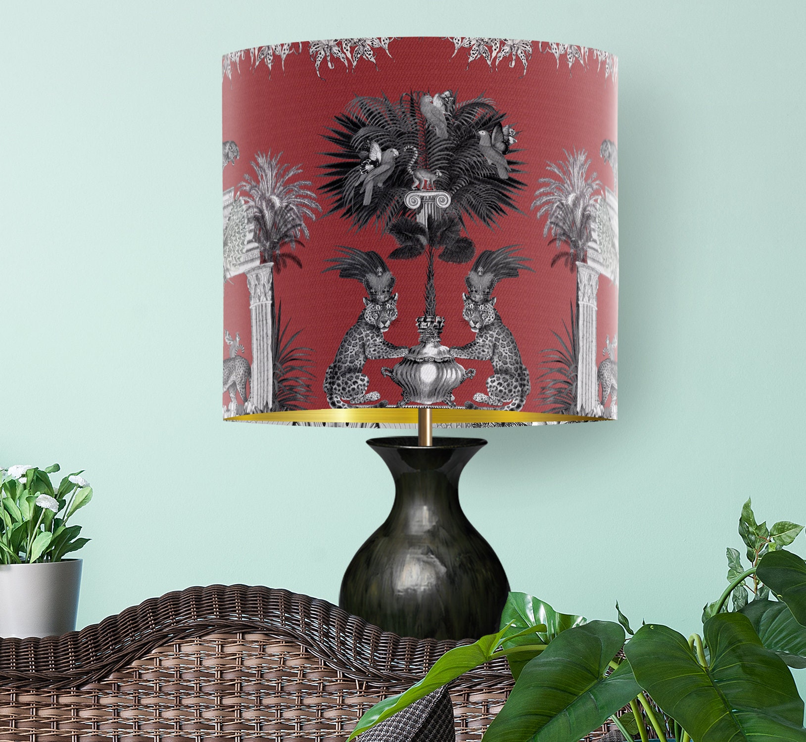 Tropical Jungle Lamp Shade Red With Leopard, Gold Lined Drum Lampshade ...