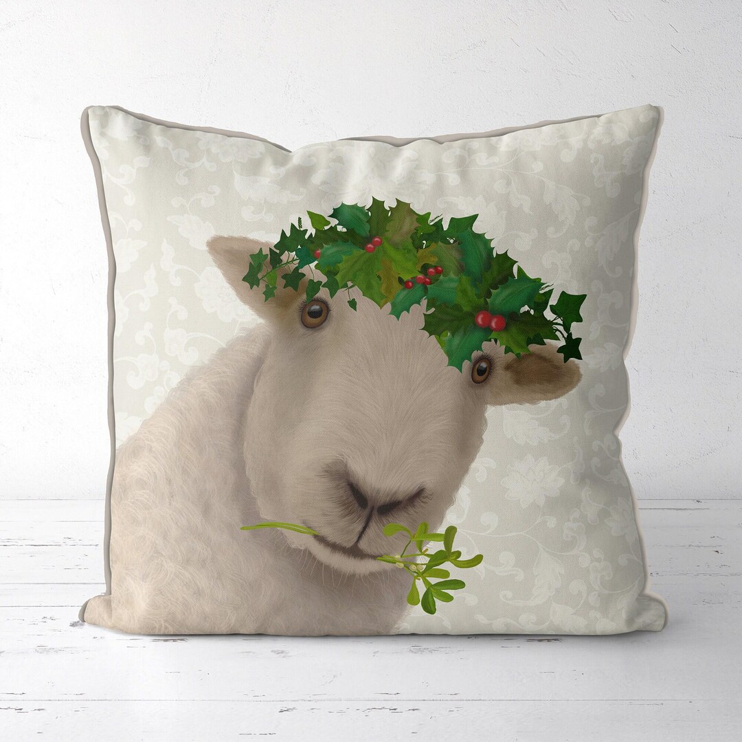 Sheep Christmas Pillow Cover Holly Crown Country Style Christmas Decor ...