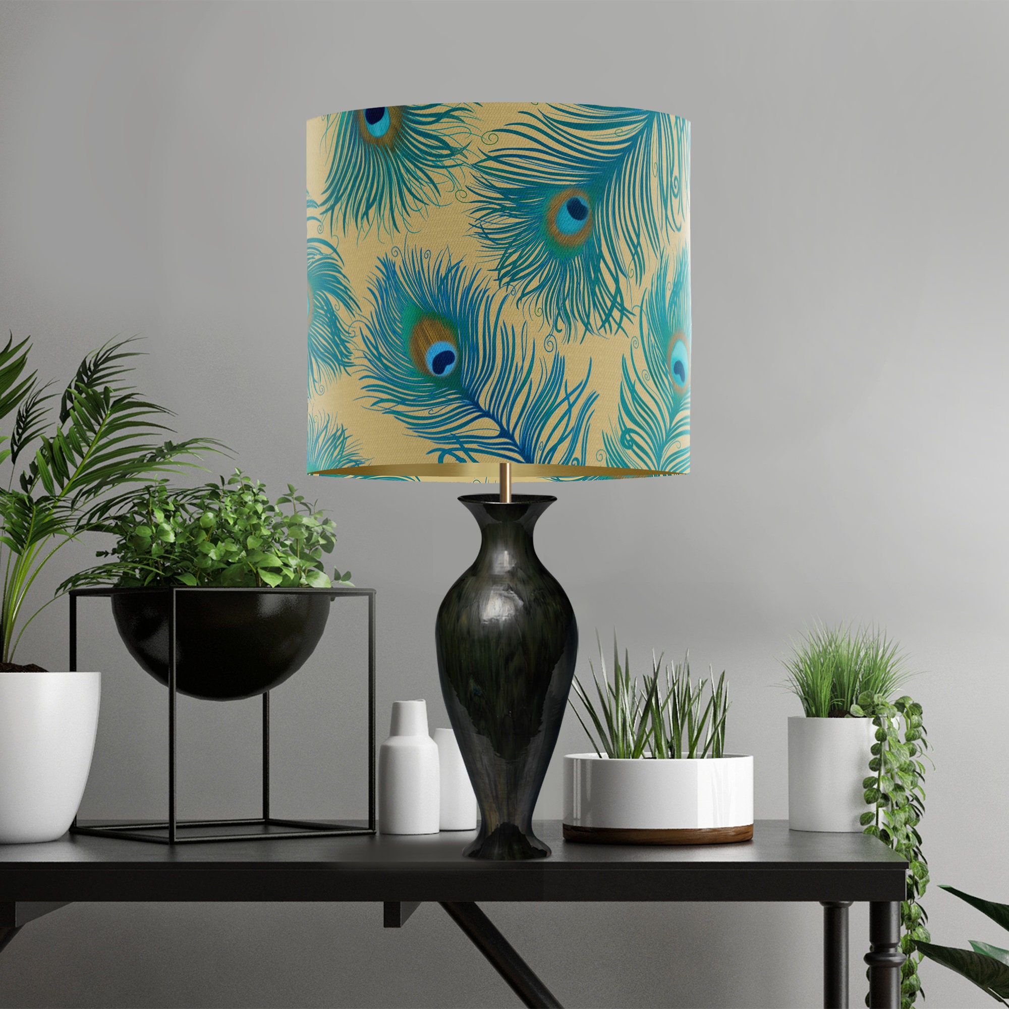 Peacock Feather Lampshade Large Lamp Shade With Gold Lining - Etsy
