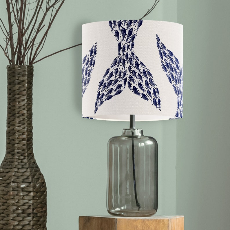 Navy Blue and White Nautical Lamp Shade - Whale Tail Drum Lamp Shade ...