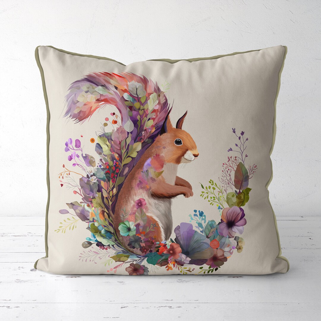 Cute Squirrel Pillow Cover, Woodland Cushion Cover Floral Squirrel ...
