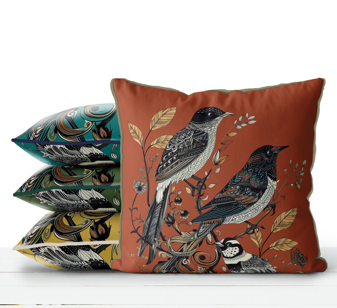 Terracotta Rust Pillow Cover Bird Fabric, Burnt Orange Country Home ...
