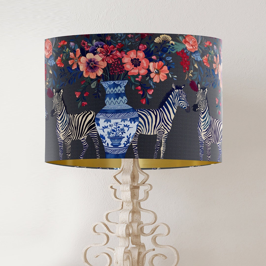 Floral Zebra Lampshade on Dark Charcoal Grey With Gold Lining ...