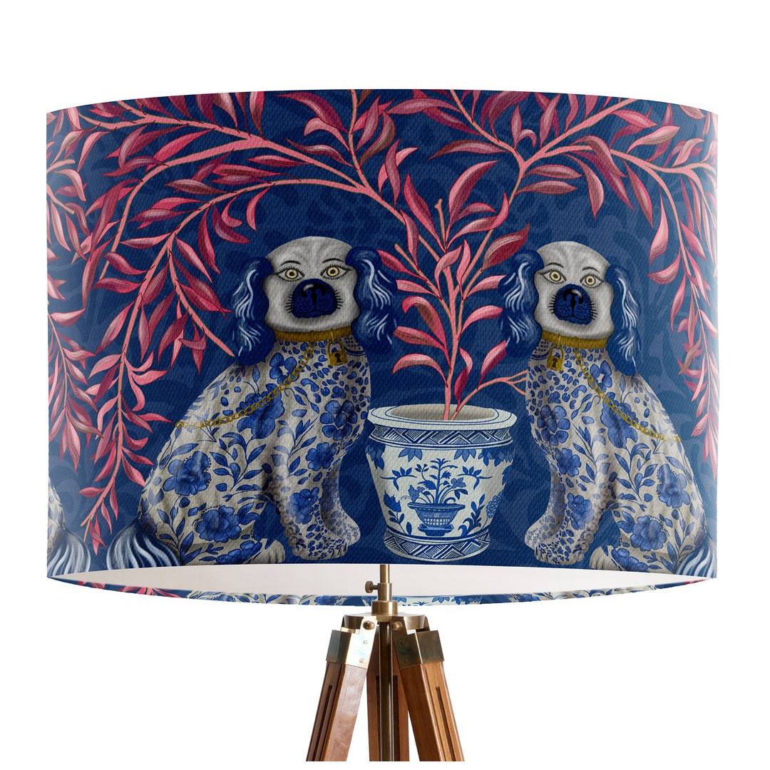 Chinoiserie Staffordshire Dogs on Blue Lamp Shade - Blue and Red ...