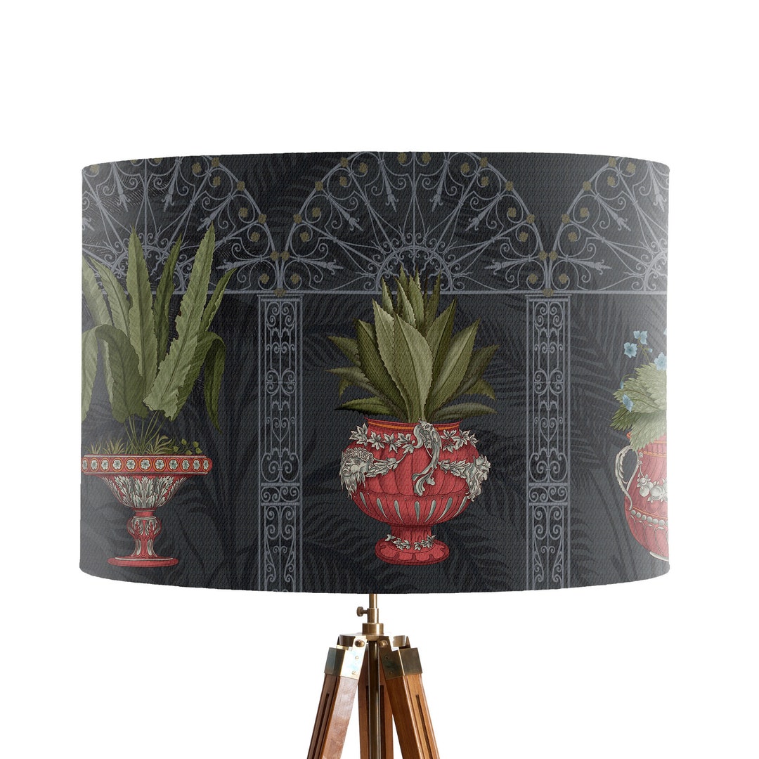 Charcoal Botanical Lamp Shade With Tropical Plant Illustrations ...