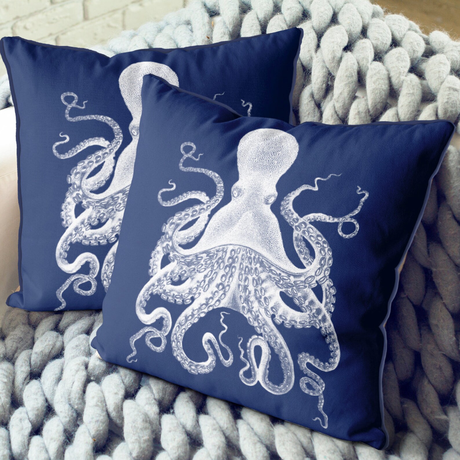 Navy Blue and White Octopus Cushion Cover Double Sided - Etsy