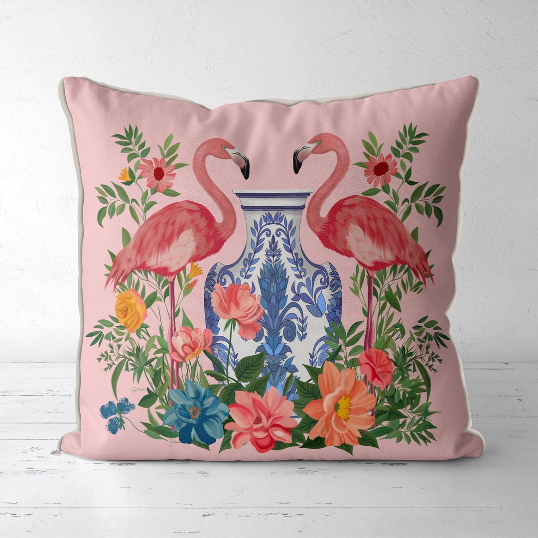 Pink Flamingo Pillow Cover on Pink, Tropical Colourful Designer Cushion ...