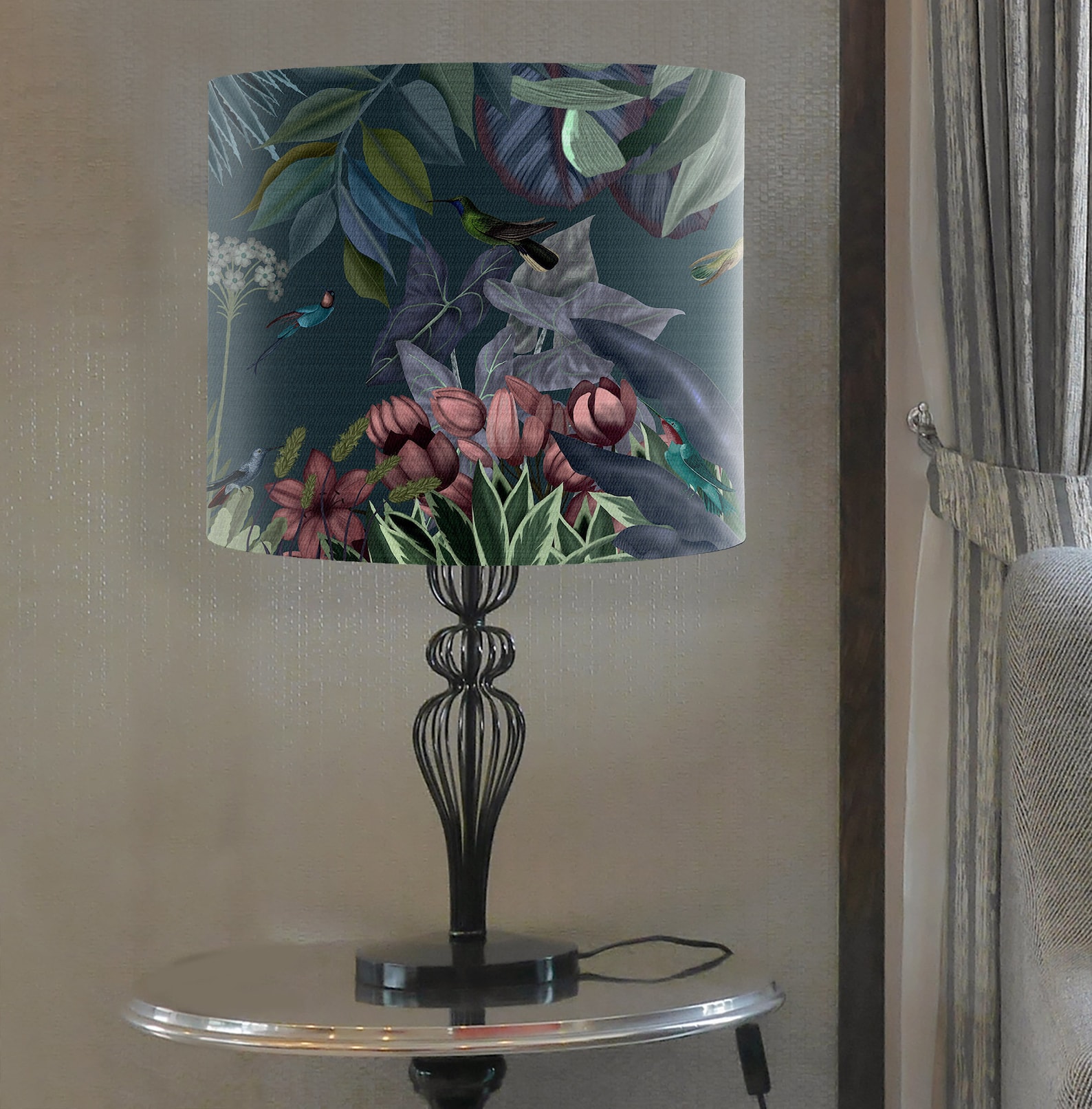 Hummingbird Garden Dark Blue Botanical Lampshade Bird & - Etsy UK