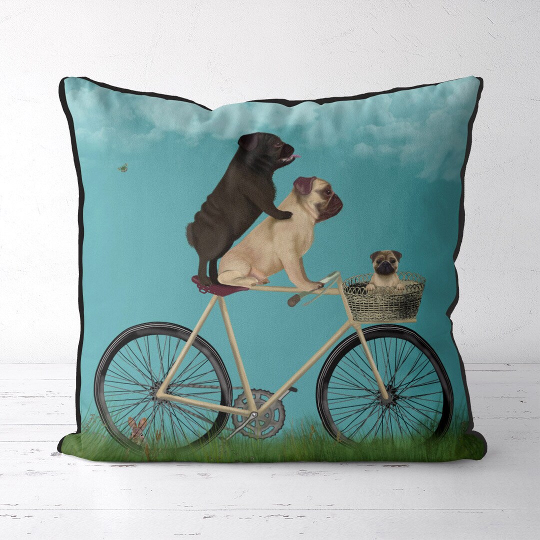 Pug on Bicycle Pillow Cover, Cute Pug on Bike, Pug Owner Gift Idea ...