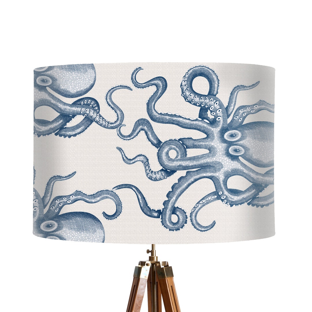 Navy Blue and White Lampshade With Blue Octopus on White, Nautical Lamp ...