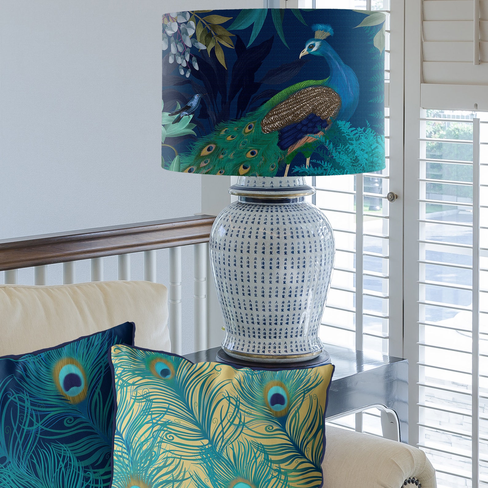 Peacock Garden Lampshade on Blue - Large Lamp Shade With Gold Lining ...