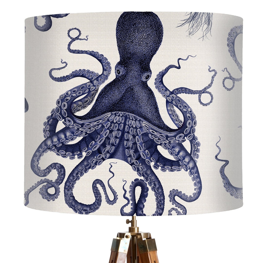 Blue and White Octopus Lampshade, Blue Octopus on White, Nautical Lamp ...