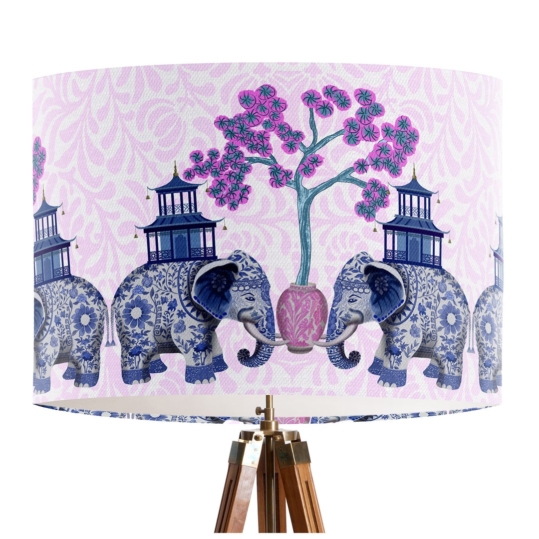 Pink and Blue Chinoiserie Elephant Lamp Shade - Chinese Style Lamp ...