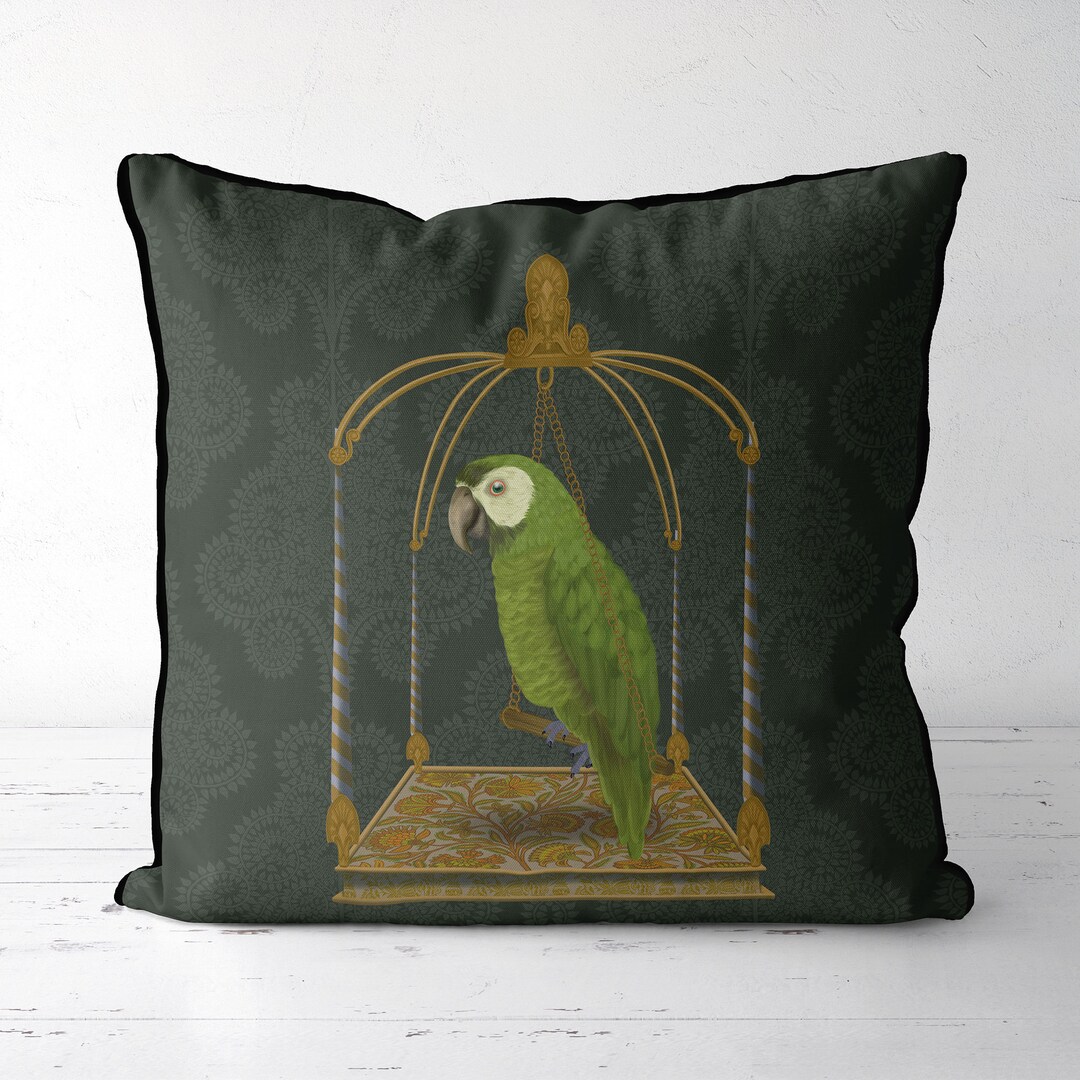 Green Parrot on Charcoal Pillow Cover, Parrot Cushion Cover, Tropical ...