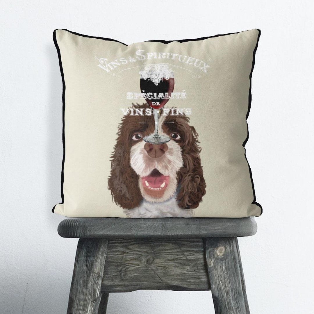 Springer Spaniel Pillow Cover, Dog Cushion With Wine Glass, Wine Lover ...