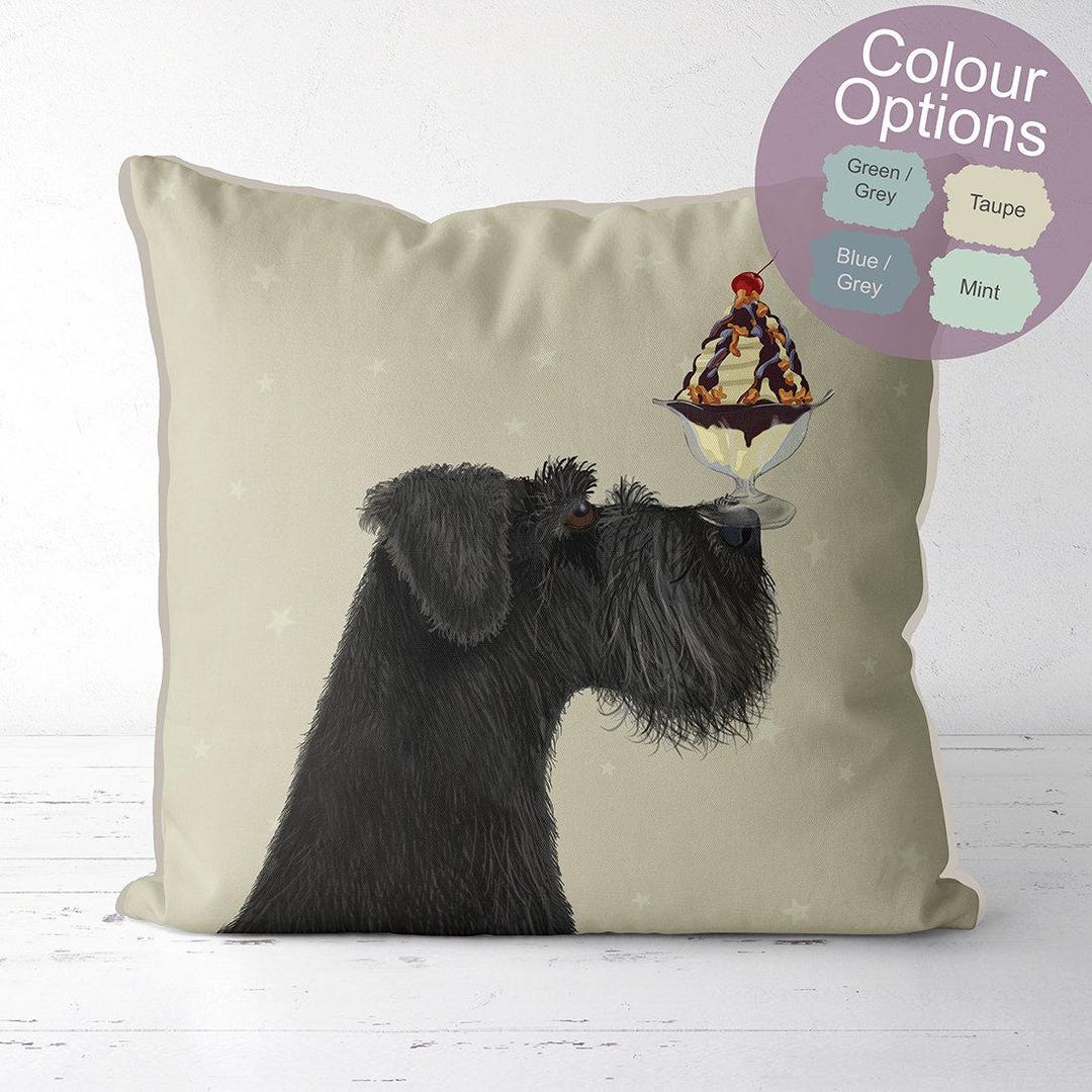 Miniature Schnauzer Pillow Cover, Whimsical Black Schnauzer Balancing ...