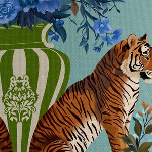 Tiger Lampshade on Aquamarine With Gold Lining, Botanical Florals on ...