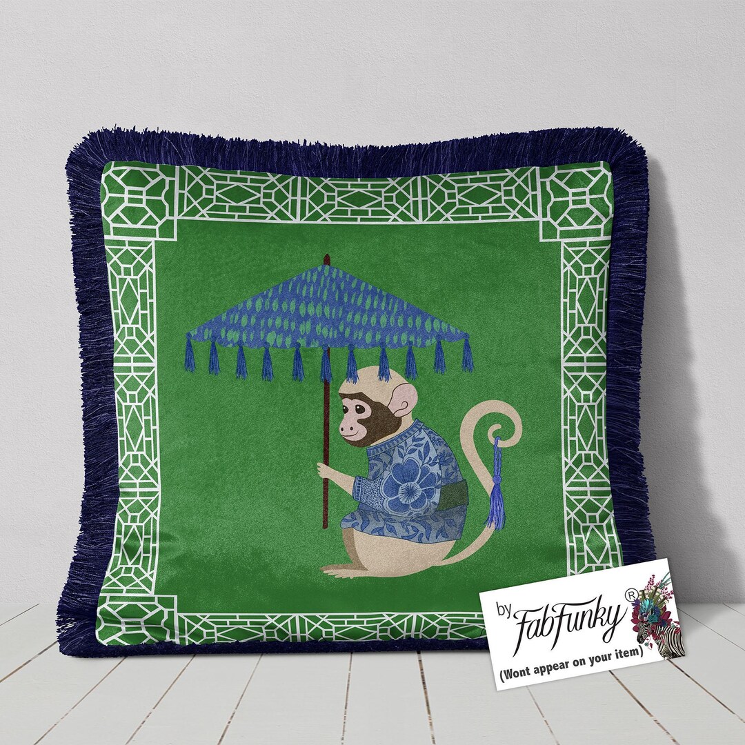 Luxury Chinoiserie Velvet Monkey Pillow Cover With Fringe - Etsy