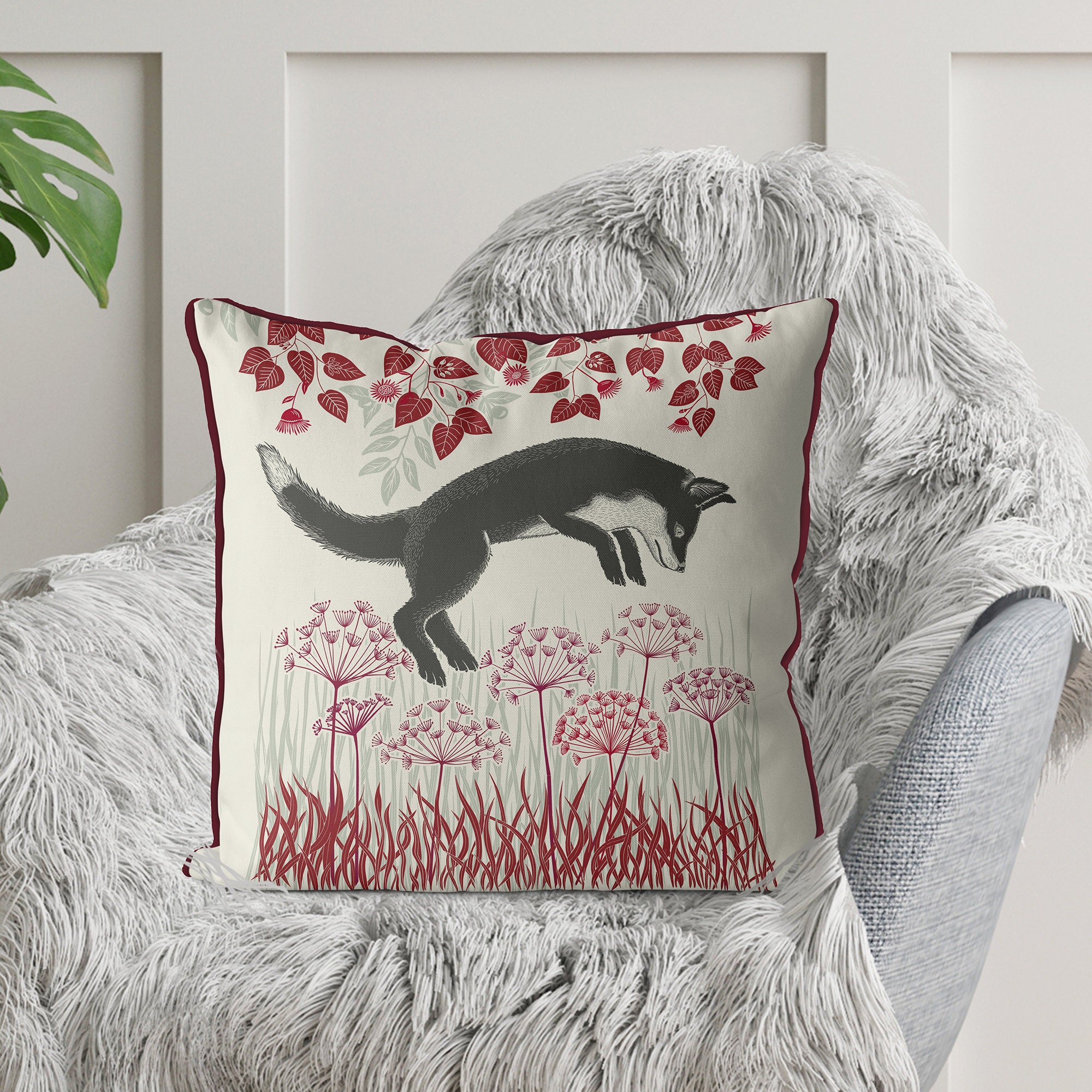 Red Fox pillow cover Country Lane Fox 4 leaping fox print | Etsy