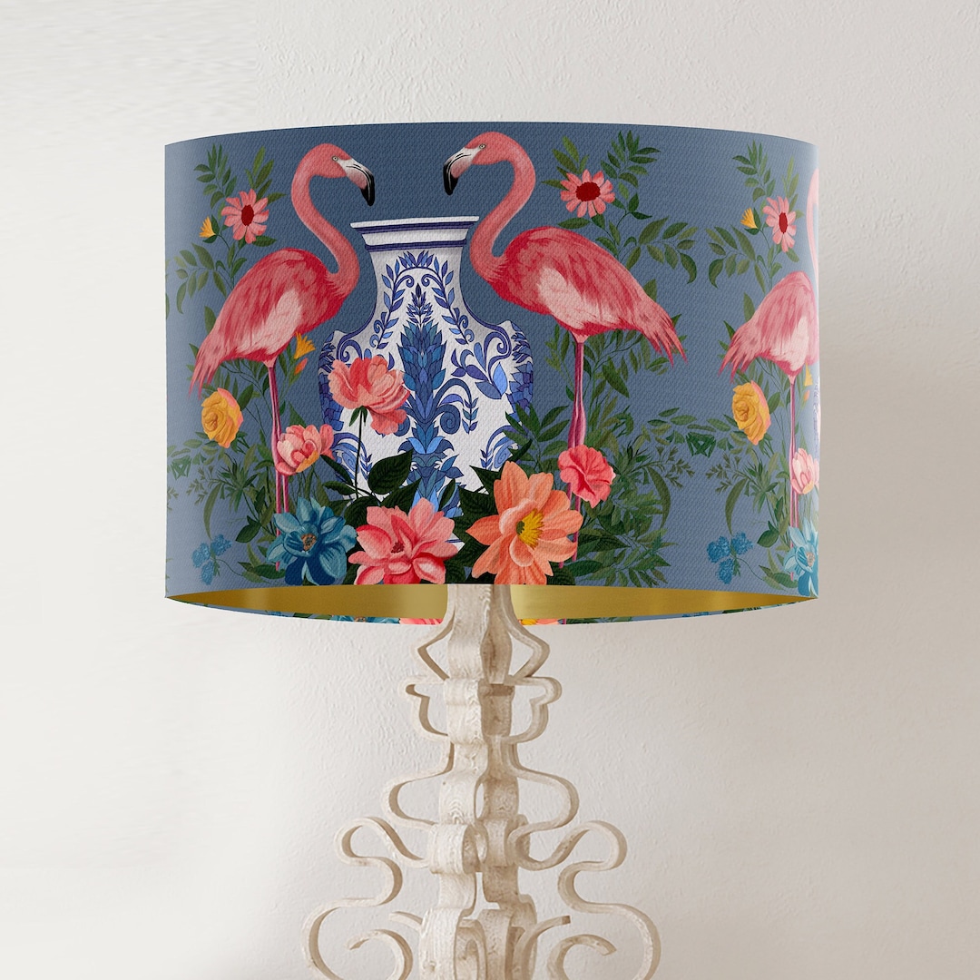 Chinoiserie Flamingo Lampshade: Blue Botanical Lamp Shade With Gold ...