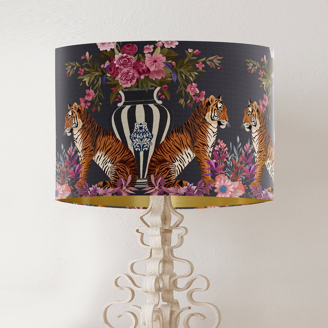 Exotic Tiger Lampshade on Dark Charcoal Grey With Gold Lining ...