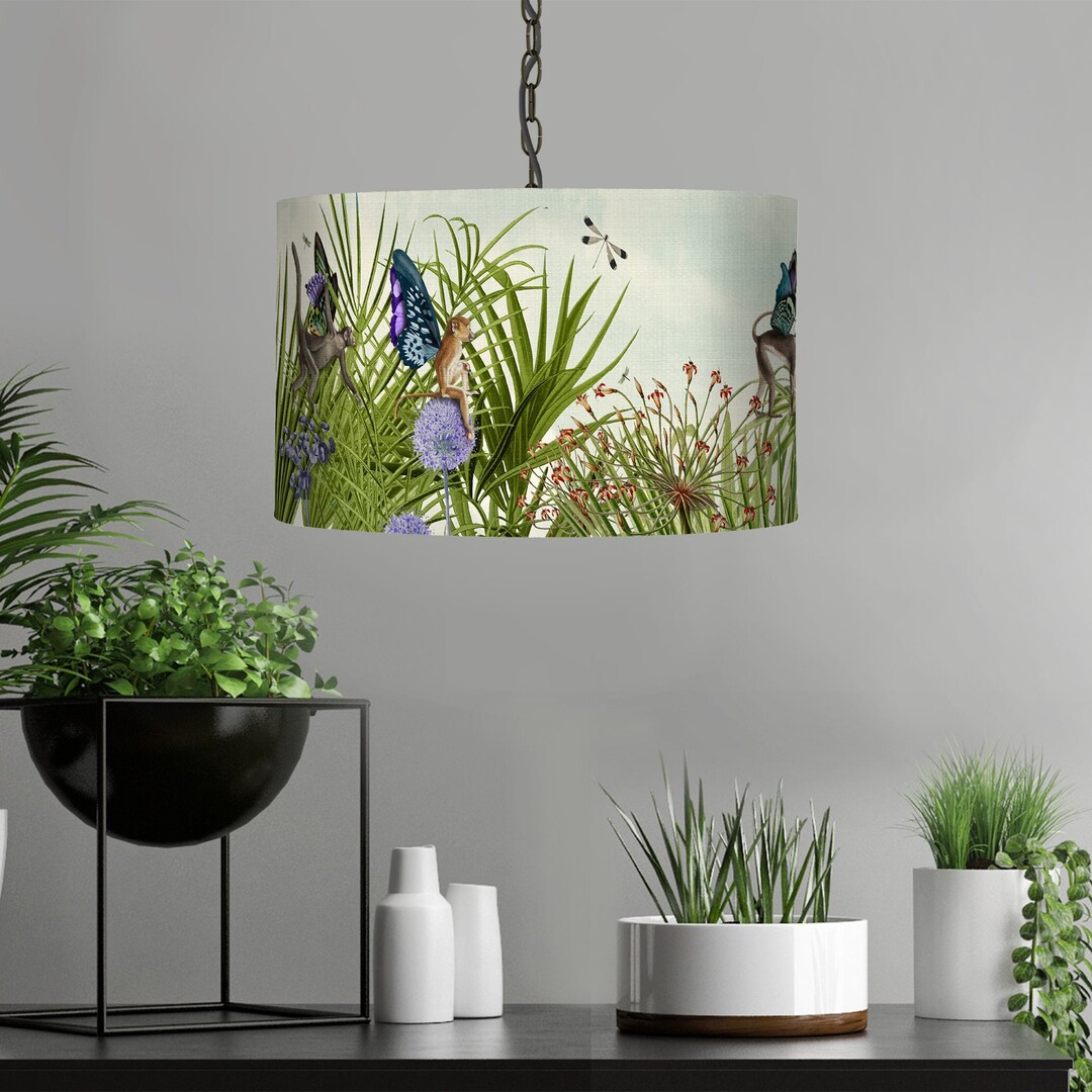 Tropical Monkey Lampshade, Green Palms Jungle Nursery Decor, Monkey ...